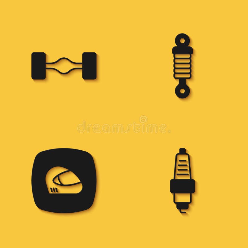 Set Chassis Car, Car Spark Plug, Racing Helmet and Shock Absorber Icon ...