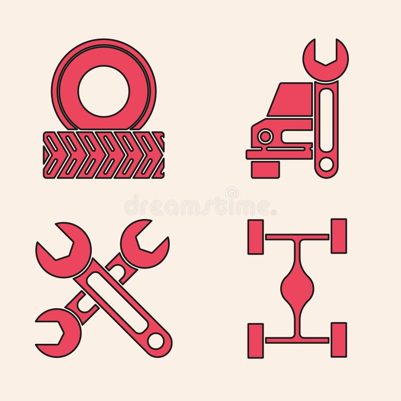 Set Chassis Car, Car Wheel, Car Service and Wrench Icon. Vector Stock ...
