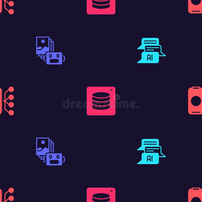 Set Chat Bot Artificial Intelligence Robot Server Data And Neural Network On Seamless Pattern