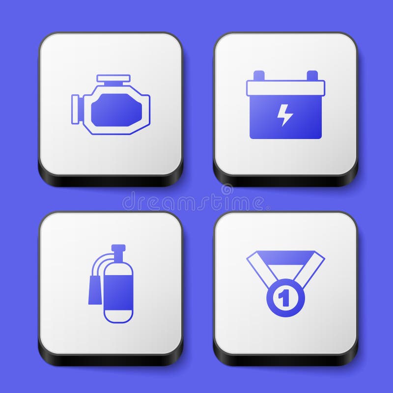 Set Check Engine, Car Battery, Fire Extinguisher and Medal Icon. White ...