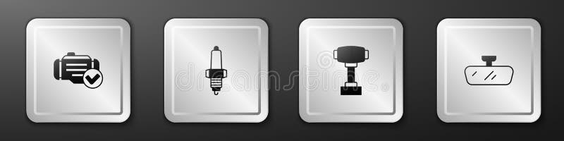 Set Check Engine, Car Spark Plug, Gear Shifter and Mirror Icon. Silver ...