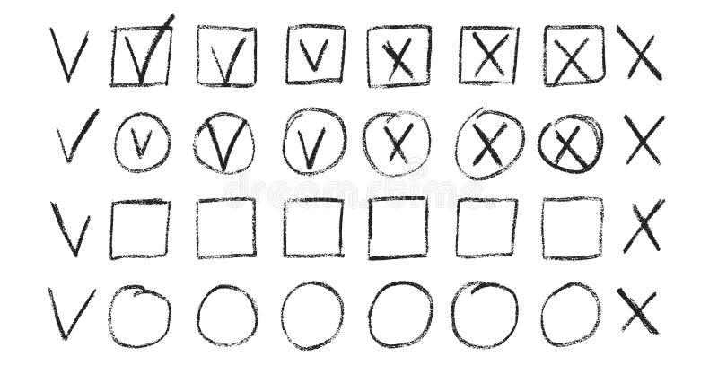 Set of Checkboxes. Tick and Check Marks Pack. Cross and V Sign Pencil ...