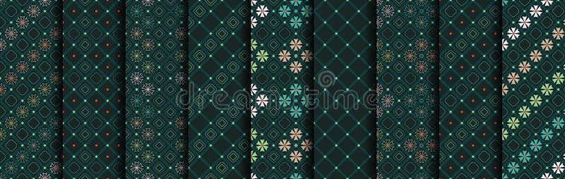 Set of Checkered Patterns with Thin Lines, Floral Elements, Geometric ...