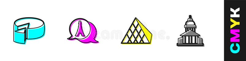 Set Cheese, Eiffel Tower, Louvre Glass Pyramid and Museum Building Icon ...