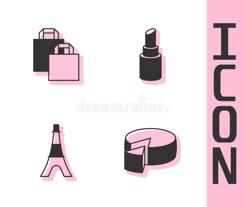 Set Cheese, Paper Shopping Bag, Eiffel Tower and Lipstick Icon. Vector ...