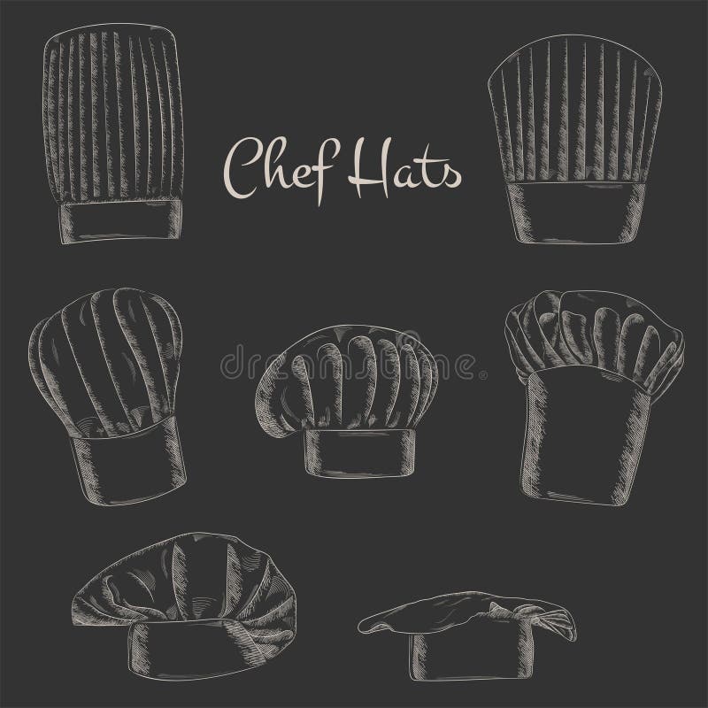 Set of Chef Caps, Hand Drawn Vector Illustration. White Chalk on Gray ...