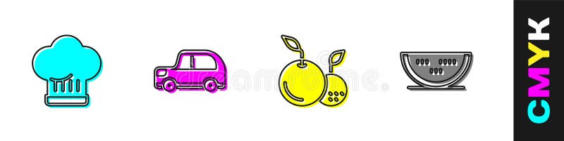 Set Chef Hat, Car, Fruit and Watermelon Icon. Vector Stock Illustration ...