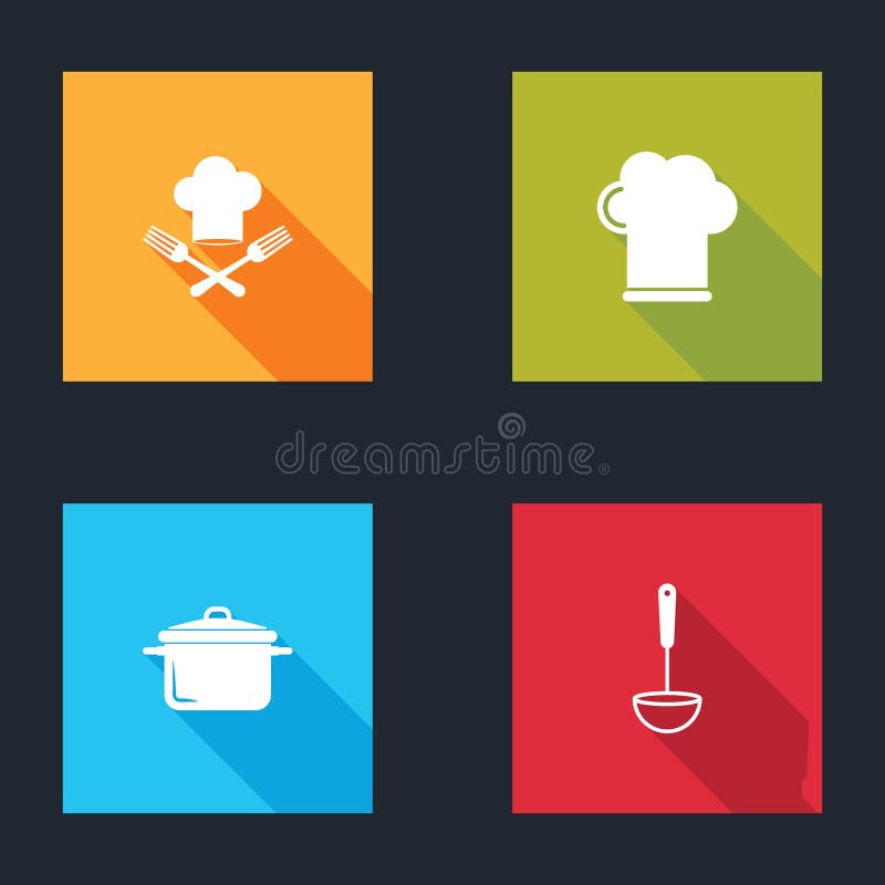 Set Chef Hat and Fork, , Cooking Pot and Kitchen Ladle Icon. Vector ...