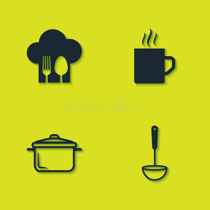 Set Chef Hat with Fork and Spoon, Kitchen Ladle, Cooking Pot and Coffee ...