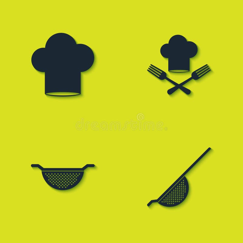 Set Chef Hat, Kitchen Colander, and Fork Icon. Vector Stock Vector ...