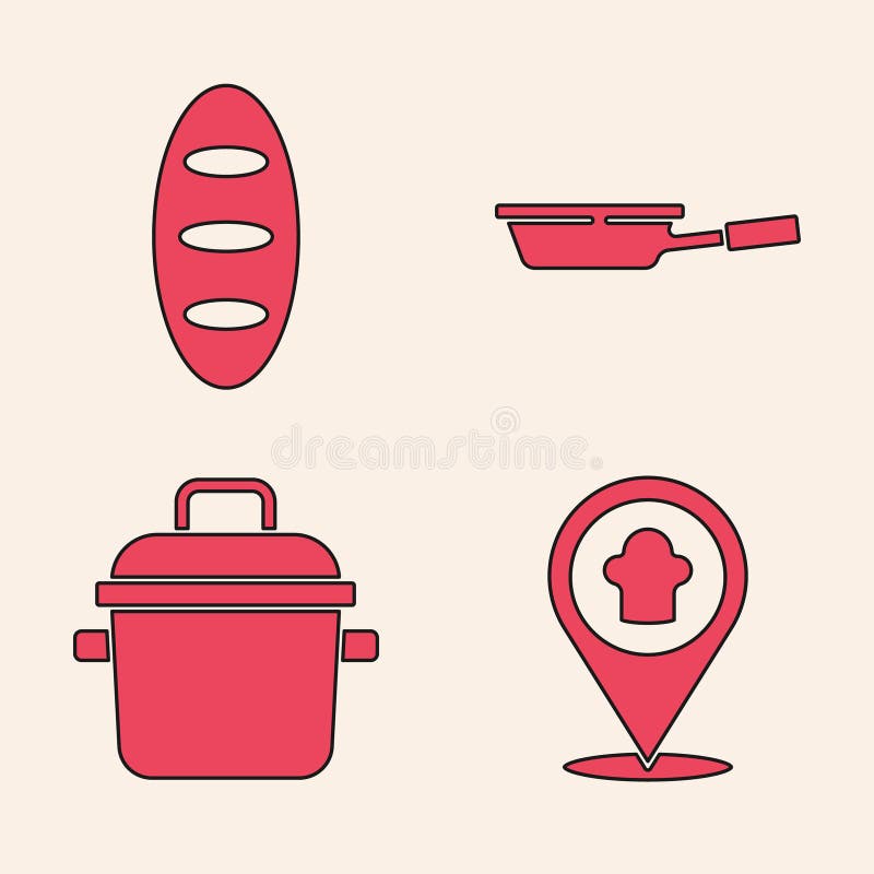 Set Chef Hat with Location, Bread Loaf, Frying Pan and Cooking Pot Icon ...