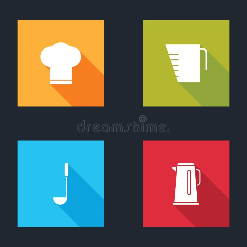 Set Chef Hat, Measuring Cup, Kitchen Ladle and Kettle with Handle Icon ...