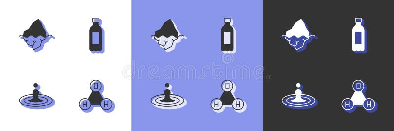 Set Chemical Formula Water H2O, Iceberg, Water Drop and Bottle of Icon ...