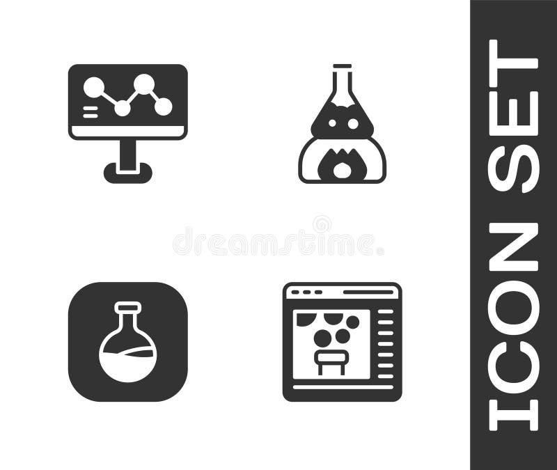 Set Chemical Online, Formula, Test Tube and Flask and Fire Icon. Vector ...
