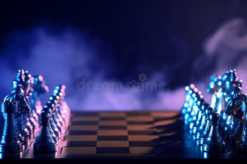 Set of Chess Pieces on Checkerboard in Color Light before Game ...
