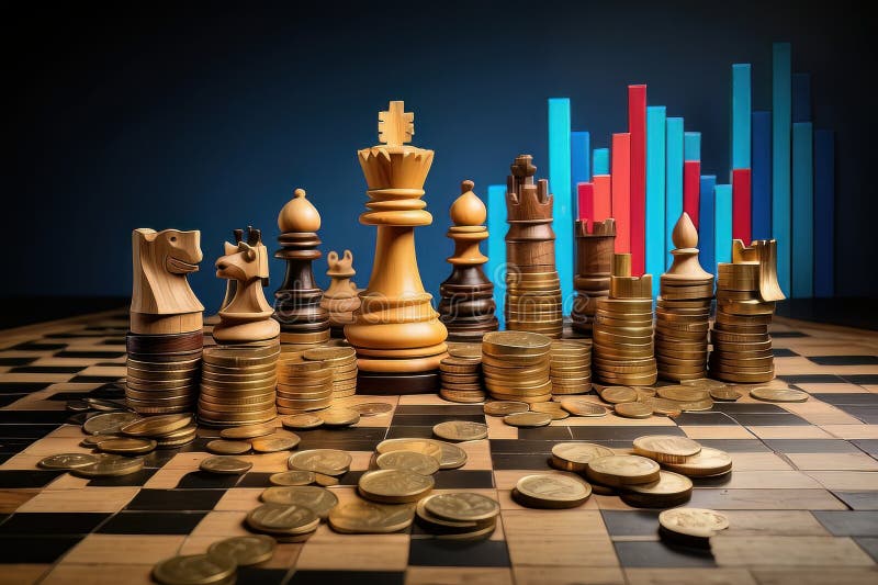 A Set of Chess Pieces, with a King Prominently Displayed, with Stacks ...