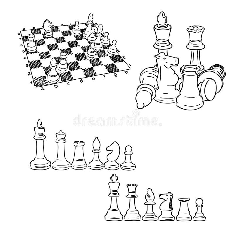 Set of Chess Pieces Sketch. Hand-drawn Black Chess Game. Vector ...