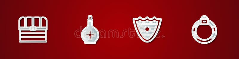 Set Chest, Bottle with Potion, Shield and Magic Stone Ring Icon. Vector ...