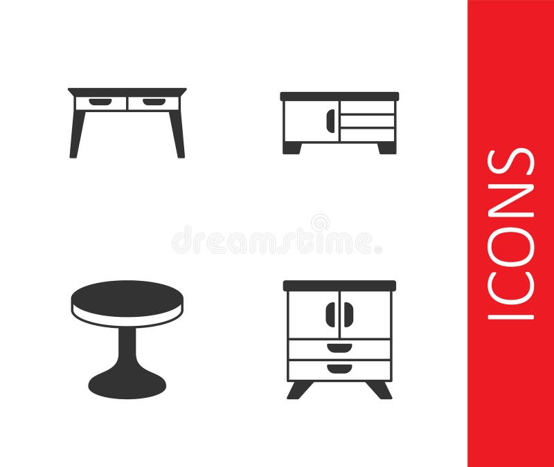 Set Chest of Drawers, Office Desk, Round Table and TV Stand Icon ...