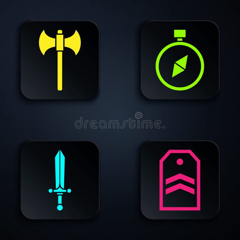 Set Chevron, Medieval Axe, Medieval Sword and Compass. Black Square ...
