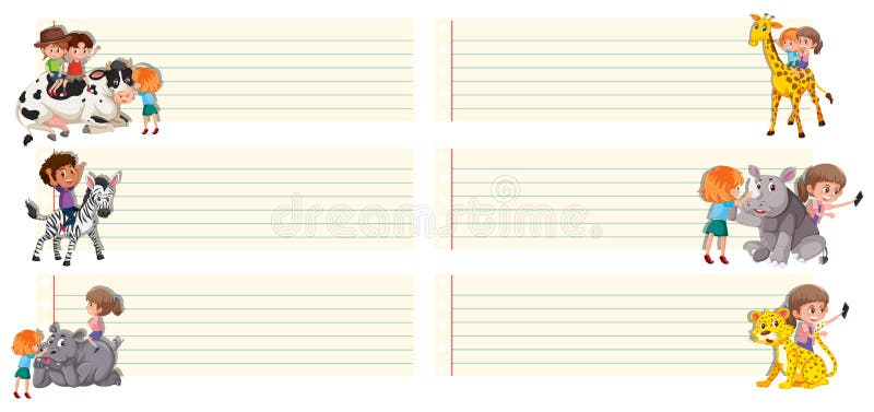 Set of Children and Animal on Note Template Stock Vector - Illustration ...