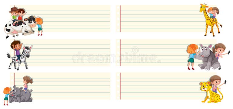 Set of Children and Animal on Note Template Stock Vector - Illustration ...