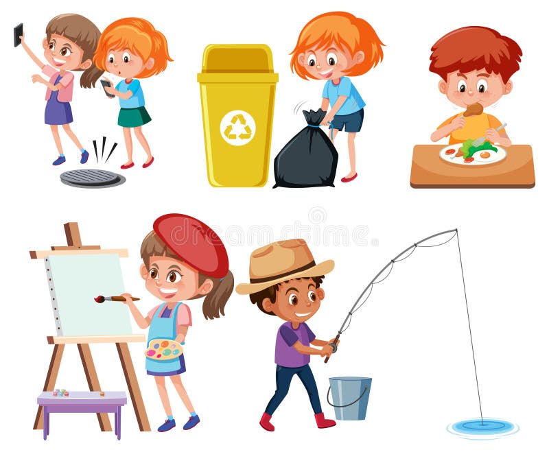 Set of Children Cartoon Character with Different Action Stock Vector ...
