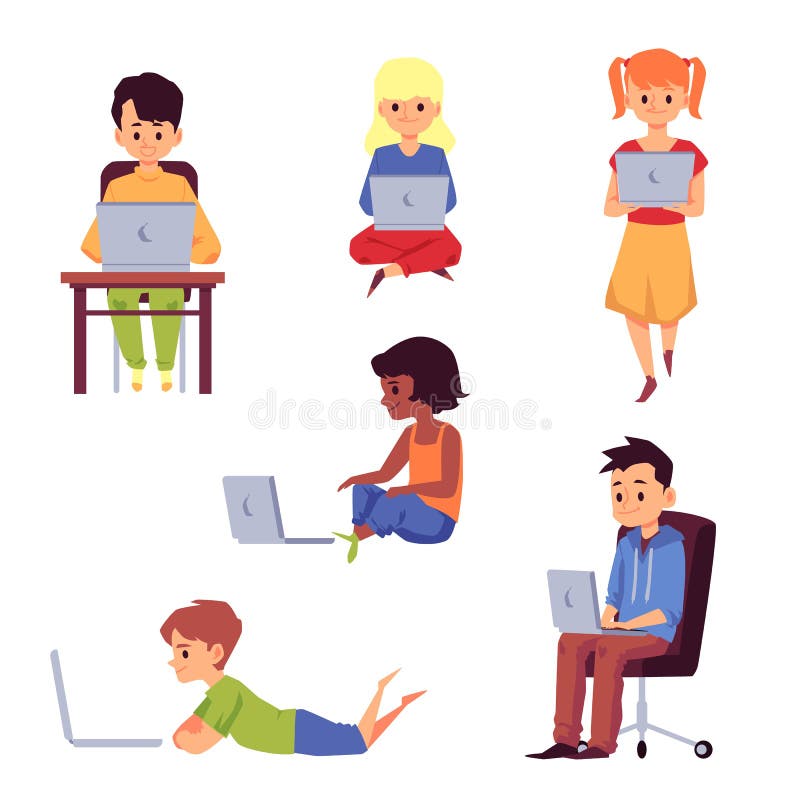 Set of Children Characters Using Laptop, Flat Vector Illustration ...