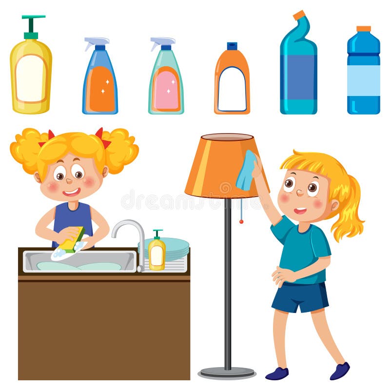 Set of Children Doing Chores with Household Equipments Stock Vector ...