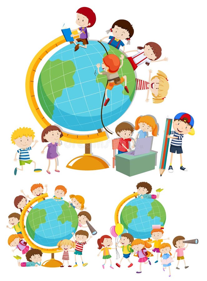 Set of children and globes stock vector. Illustration of people - 128245022