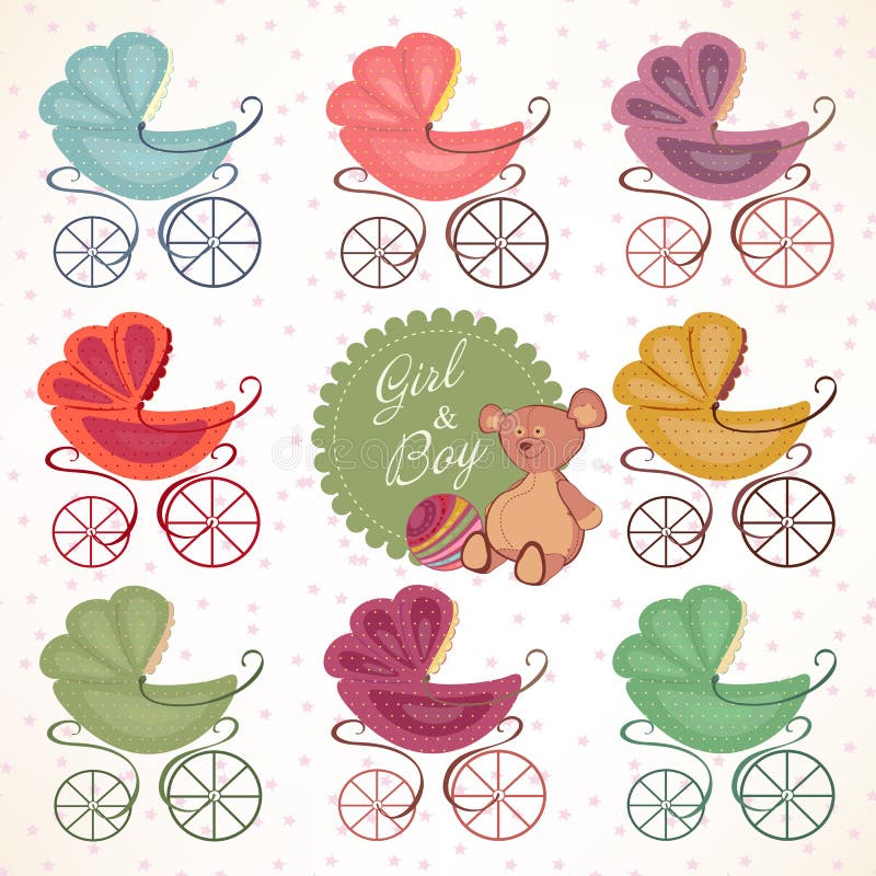 Set of Children S Coloured Pram with Teddy Bear Stock Vector ...