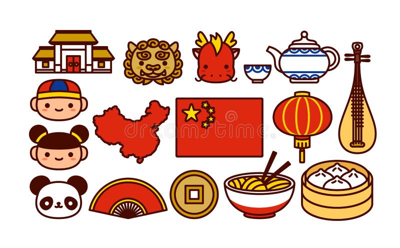 Set of Chinese Cartoon Icons Isolated Stock Vector - Illustration of ...