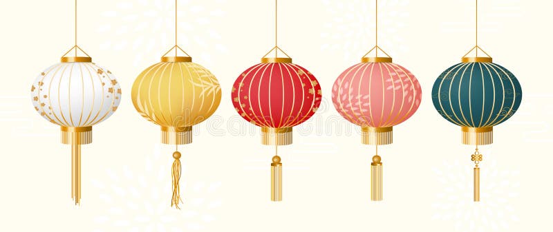 Set of Chinese Lanterns White, Yellow, Red, Pink and Green Colors ...