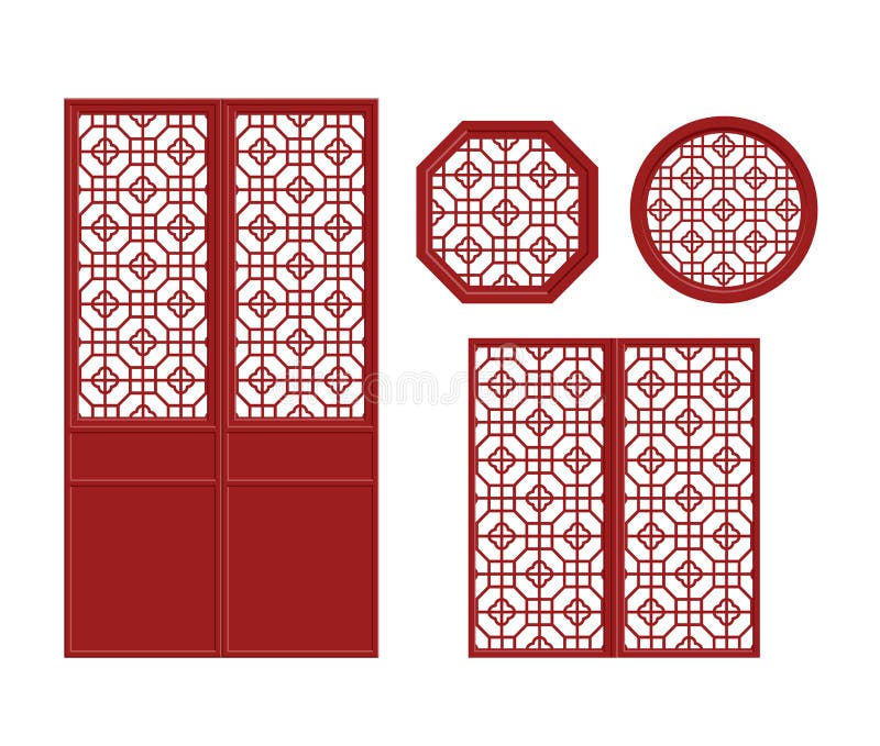 Set 2 of Chinese Ornament Windows and Doors Pattern Vector Outline Illustration on White ...