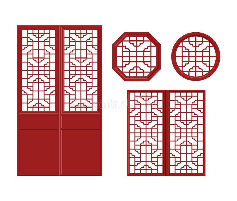 Set 6 of Chinese Ornament Windows and Doors Pattern Vector Outline ...