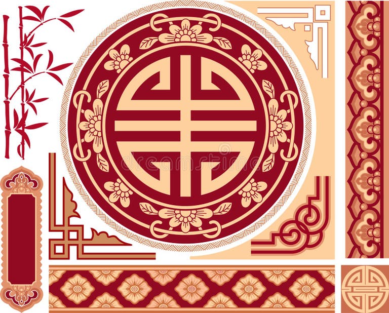 Set of Chinese Pattern Elements - Corners, Border, Round Ornament Stock ...