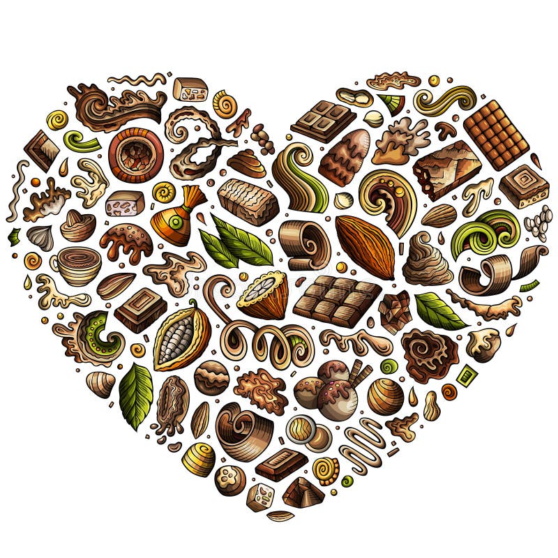 Set of Chocolate Cartoon Doodle Objects. Heart Form Composition Stock ...