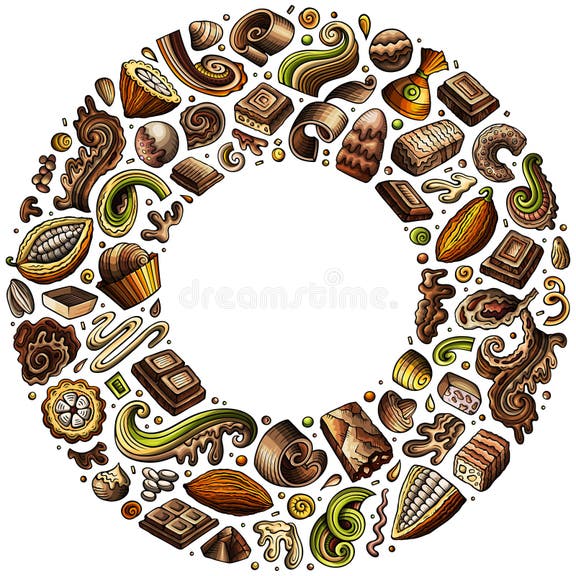 Set of Chocolate Cartoon Doodle Objects. Round Frame Composition Stock ...