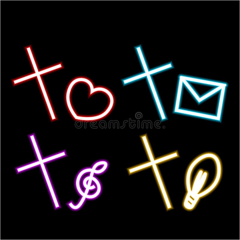 Set Christian Icon Cross with Different Elements in Line in Neon Effect ...