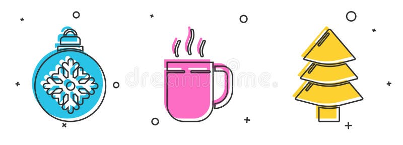 Set Christmas Ball, Coffee Cup and Christmas Tree Icon. Vector Stock ...