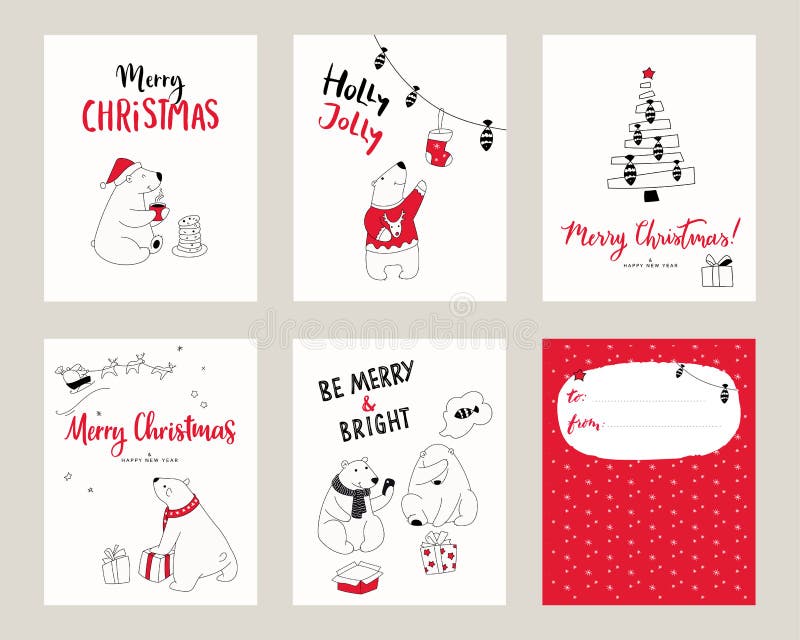 Set Of Christmas Card Polar Bears Vector Cartoon Collection With Cute