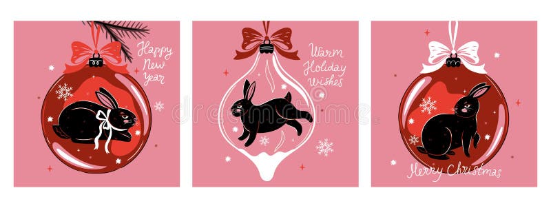Set of Christmas Cards with Black Rabbits. Vector Graphics Stock Vector ...