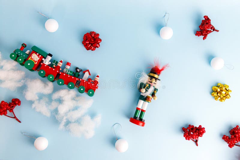 Set of Christmas Decorations with Nutcracker, Toy Train and Balls Stock ...