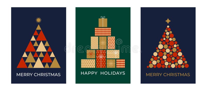 Set of Christmas Greeting Card with Christmas Tree Made of Triangles ...