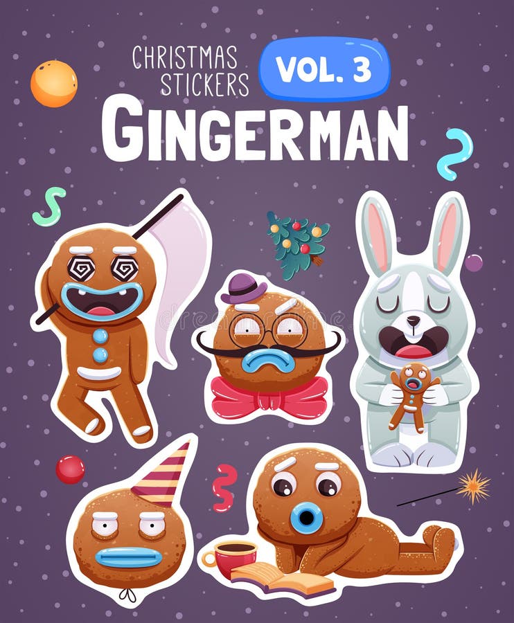 Set of Christmas Stickers with Expressive Gingerbread Man Cookies ...