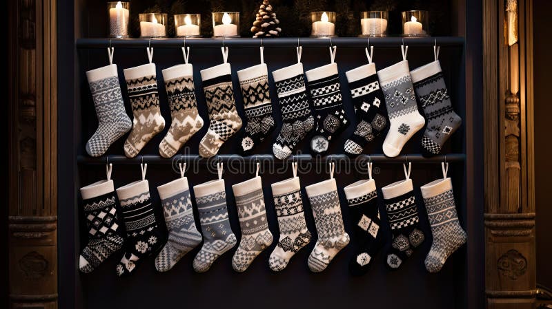 A Set of Christmas Stockings, Each Featuring a Monodesign Pattern or ...
