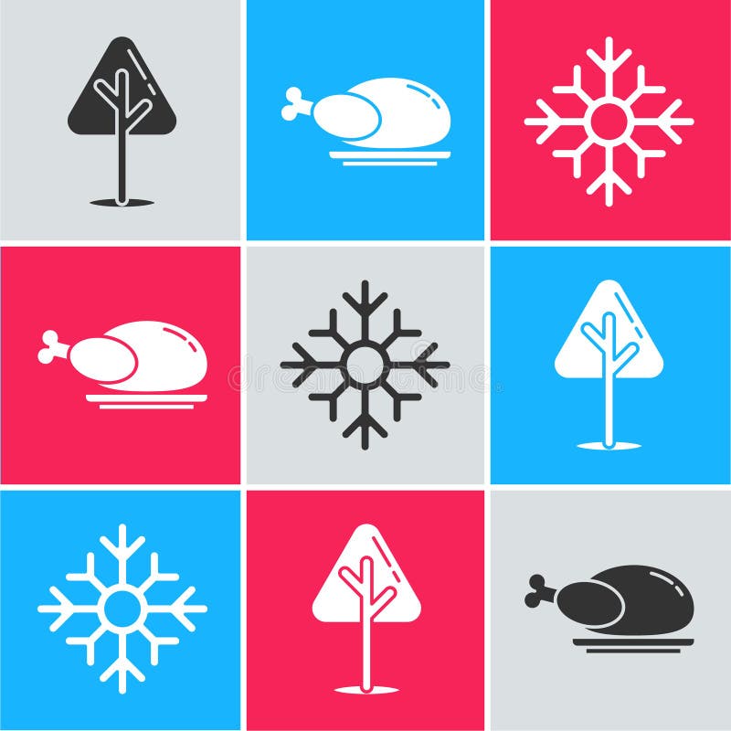 Set Christmas Tree, Roasted Turkey or Chicken and Snowflake Icon ...