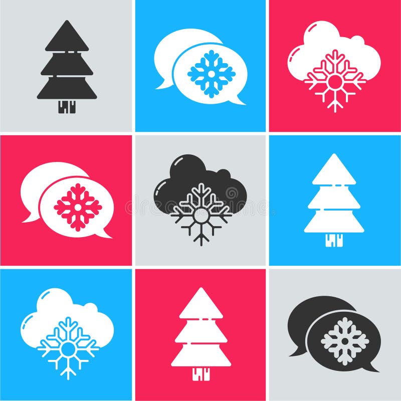 Set Christmas Tree, Snowflake with Speech Bubble and Cloud with Snow ...