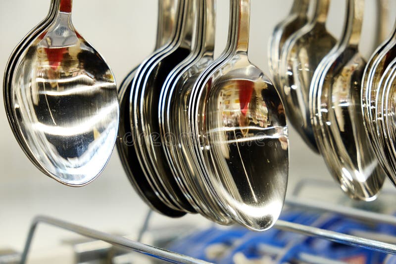 Set of chrome spoons stock photo. Image of meal, closeup - 89632246
