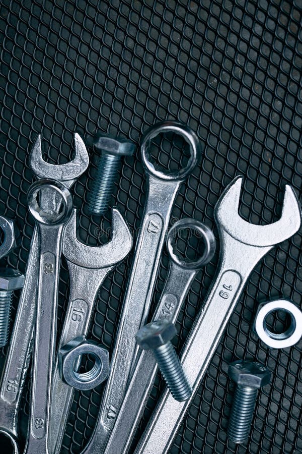 Set of Chrome Wrenches on Steel Surface. Mechanic Tools for Maintenance ...
